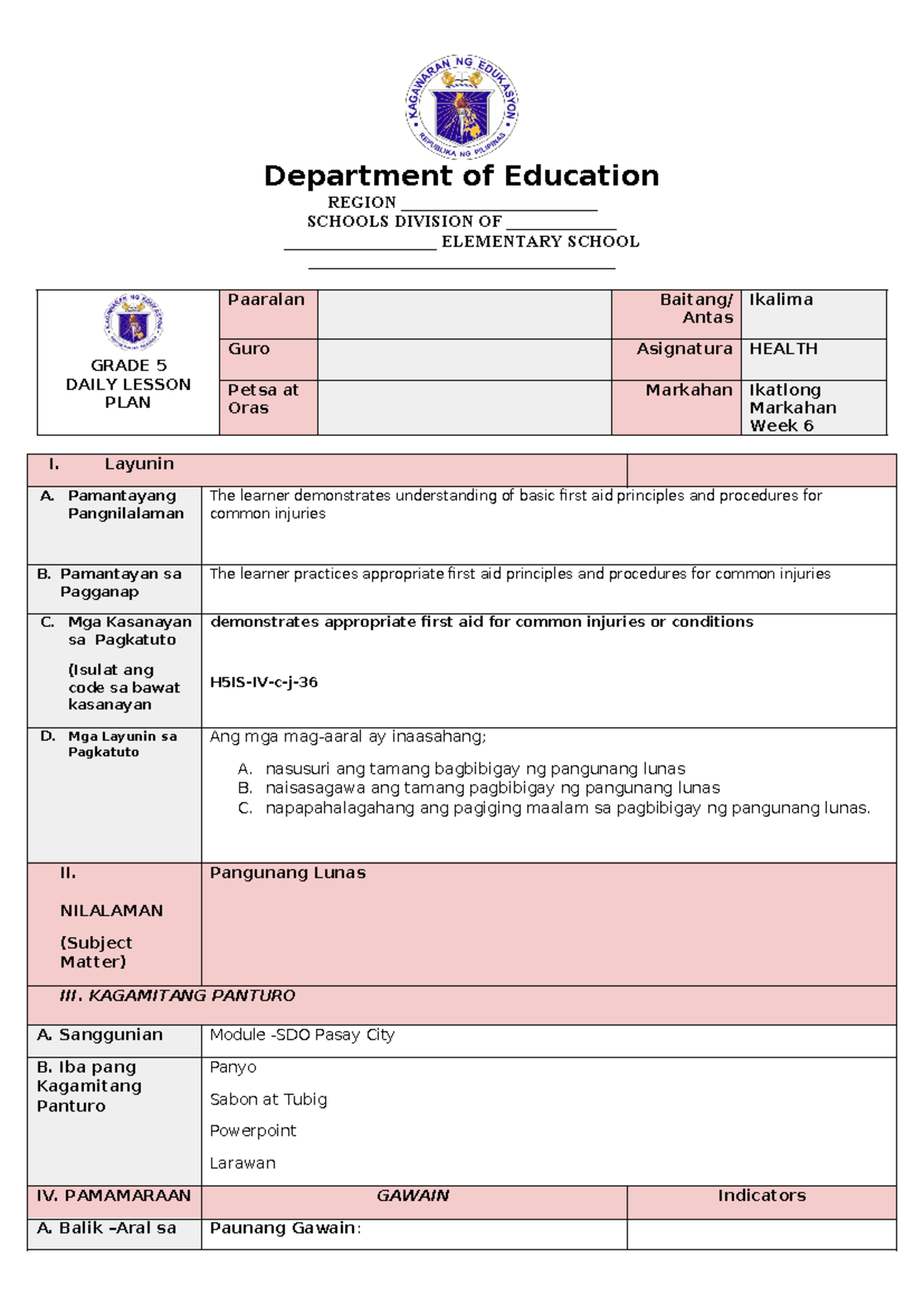 COT Health 5 Q4 W5 - Department of Education REGION ...