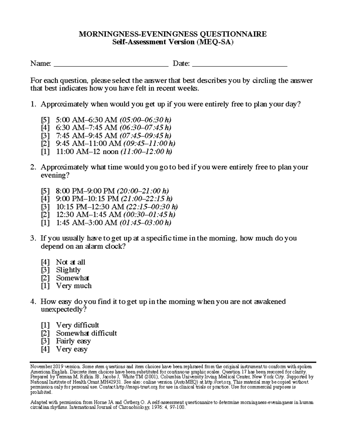 MEQ-SA-2019 - readings - Self-Assessment Version (MEQ-SA) Name