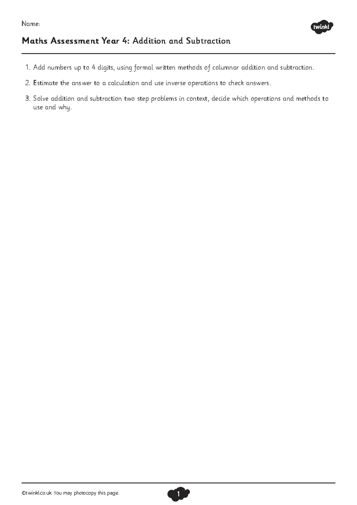 A2 W12 Y4-Maths-Test-Addition-and-Subtraction - ©twinkl.co. You may ...