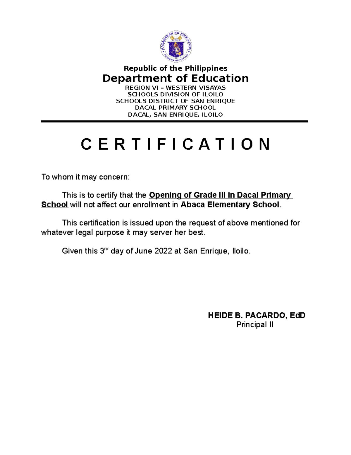 Certification - LECTURE - Republic of the Philippines Department of ...