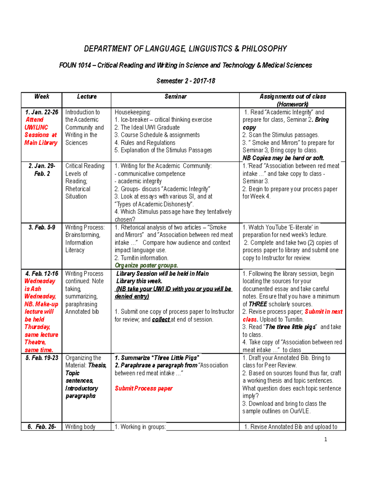FOUN1014 - Course schedule, Semester 2, 2017-18 draft - DEPARTMENT OF LANGUAGE, LINGUISTICS ...