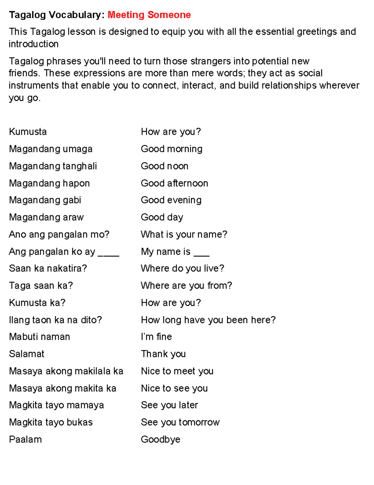Tagalog Lesson 7 Meeting Someone - Tagalog Vocabulary: Meeting Someone ...
