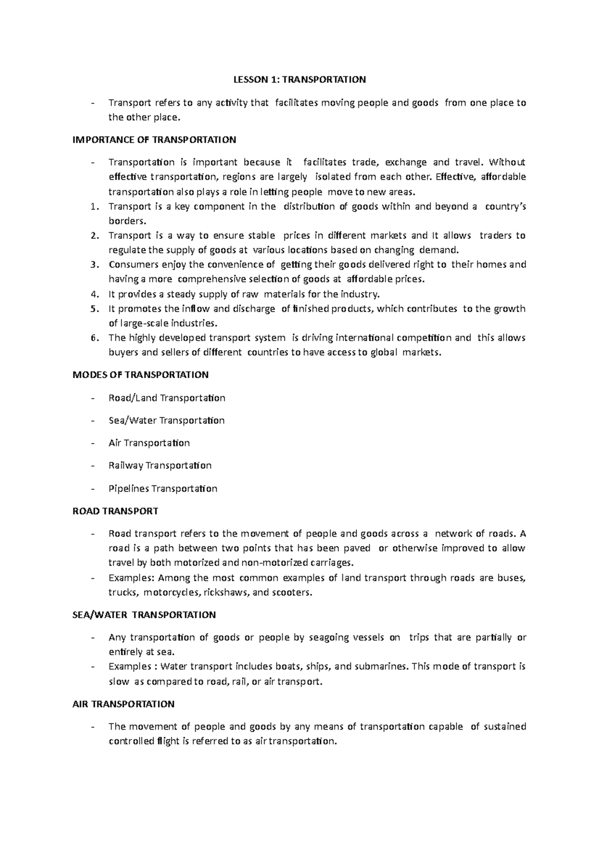 Highway Lesson 1 to 4 - LESSON 1: TRANSPORTATION Transport refers to ...