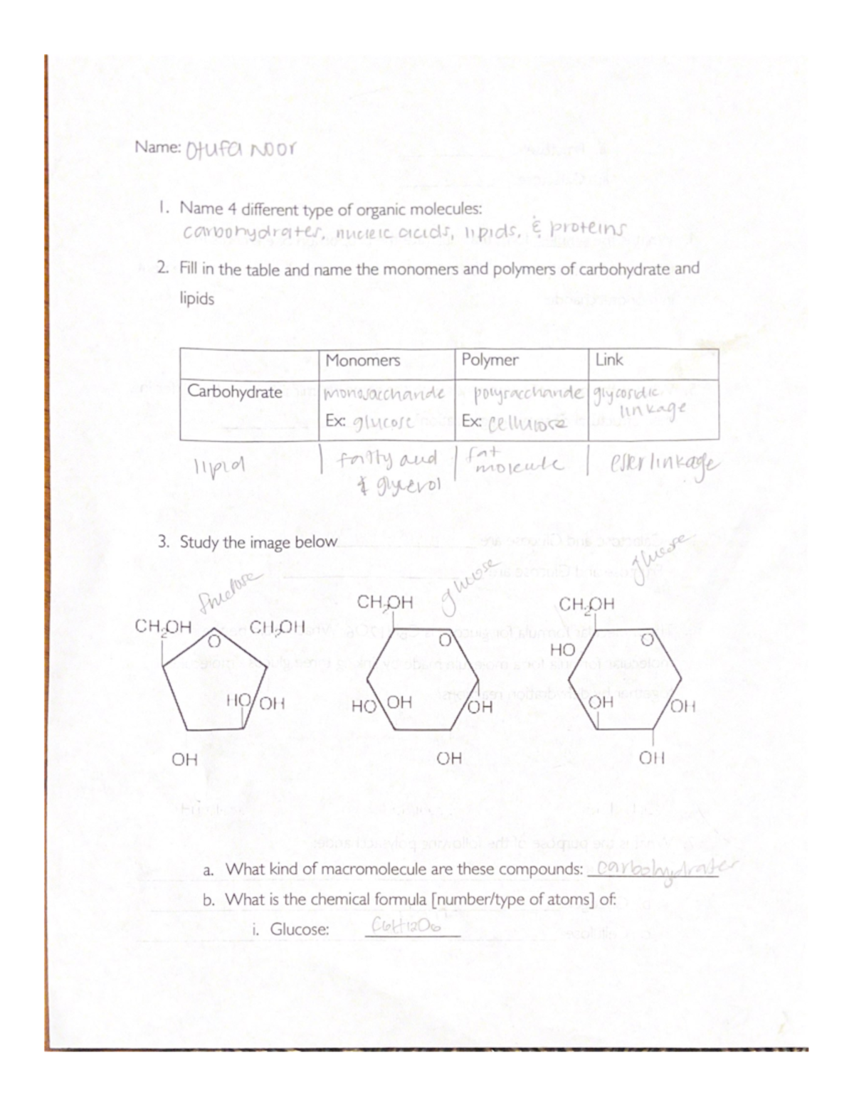 2. Fill in the table and name the monomers and polymers of carbohydrate ...