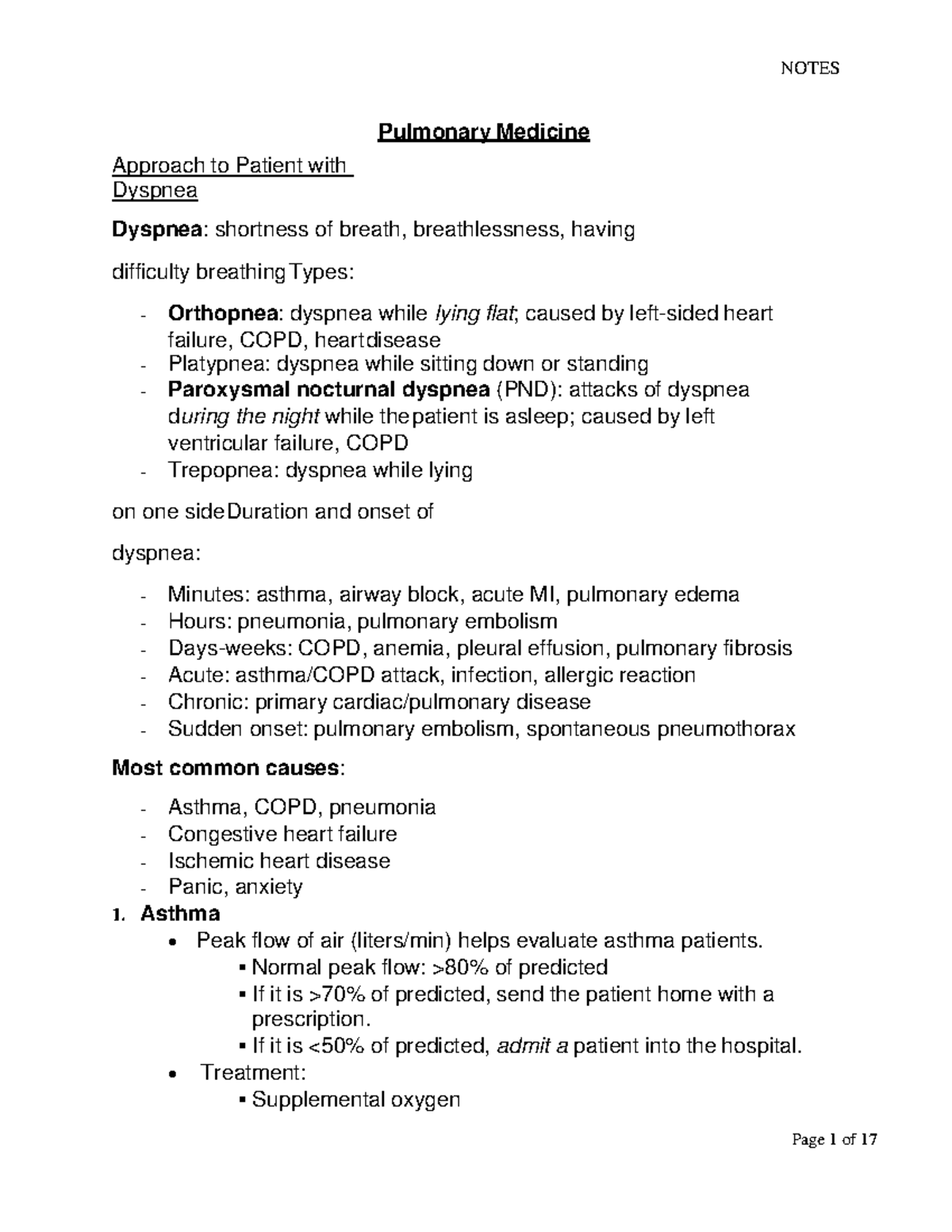 Pulmonary Medicine Notes - Approach to Patient with Dyspnea Pulmonary ...