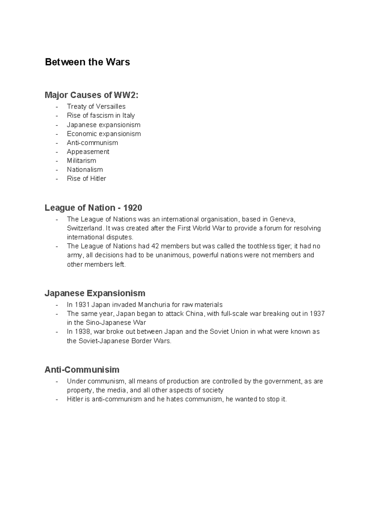 some of the history class notes - Between the Wars Major Causes of WW2 ...