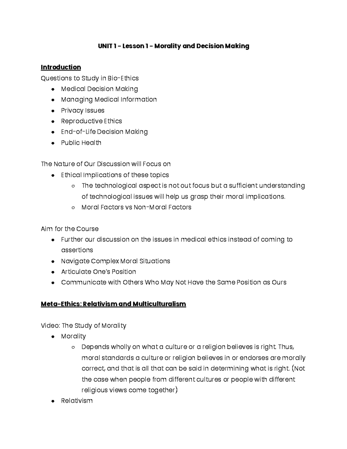 UNIT 1 - Lesson 1 - Morality and Decision Making - UNIT 1 - Lesson 1 ...