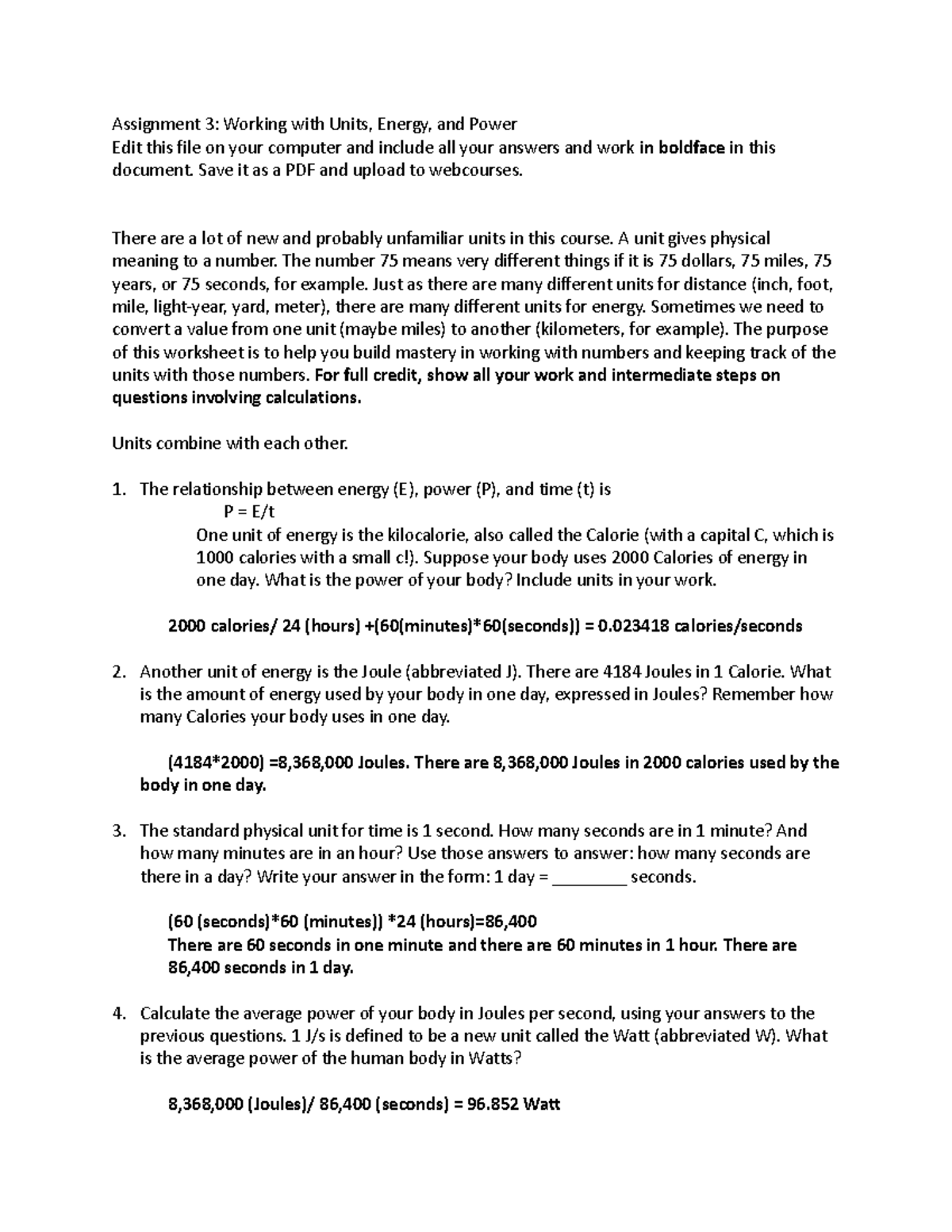 Assignment 3 Working With Units Energy Power - Assignment 3: Working ...