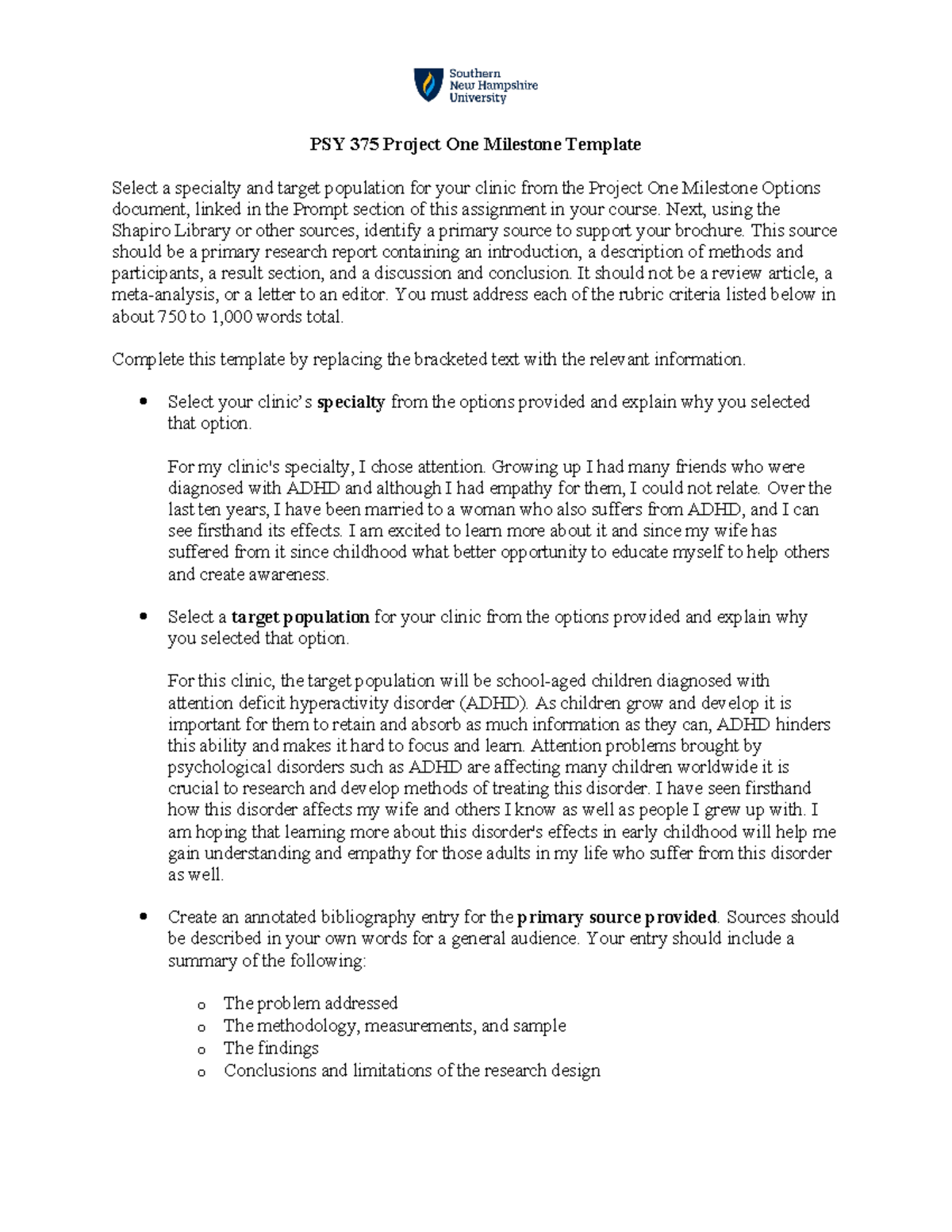 PSY 375 Project One Milestone Template - PSY 375 Project One Milestone ...