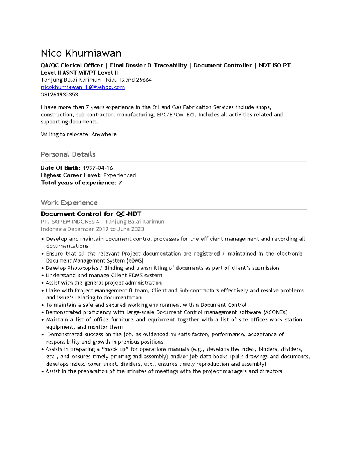 CV Document Control - Nico Khurniawan QA/QC Clerical Officer | Final ...