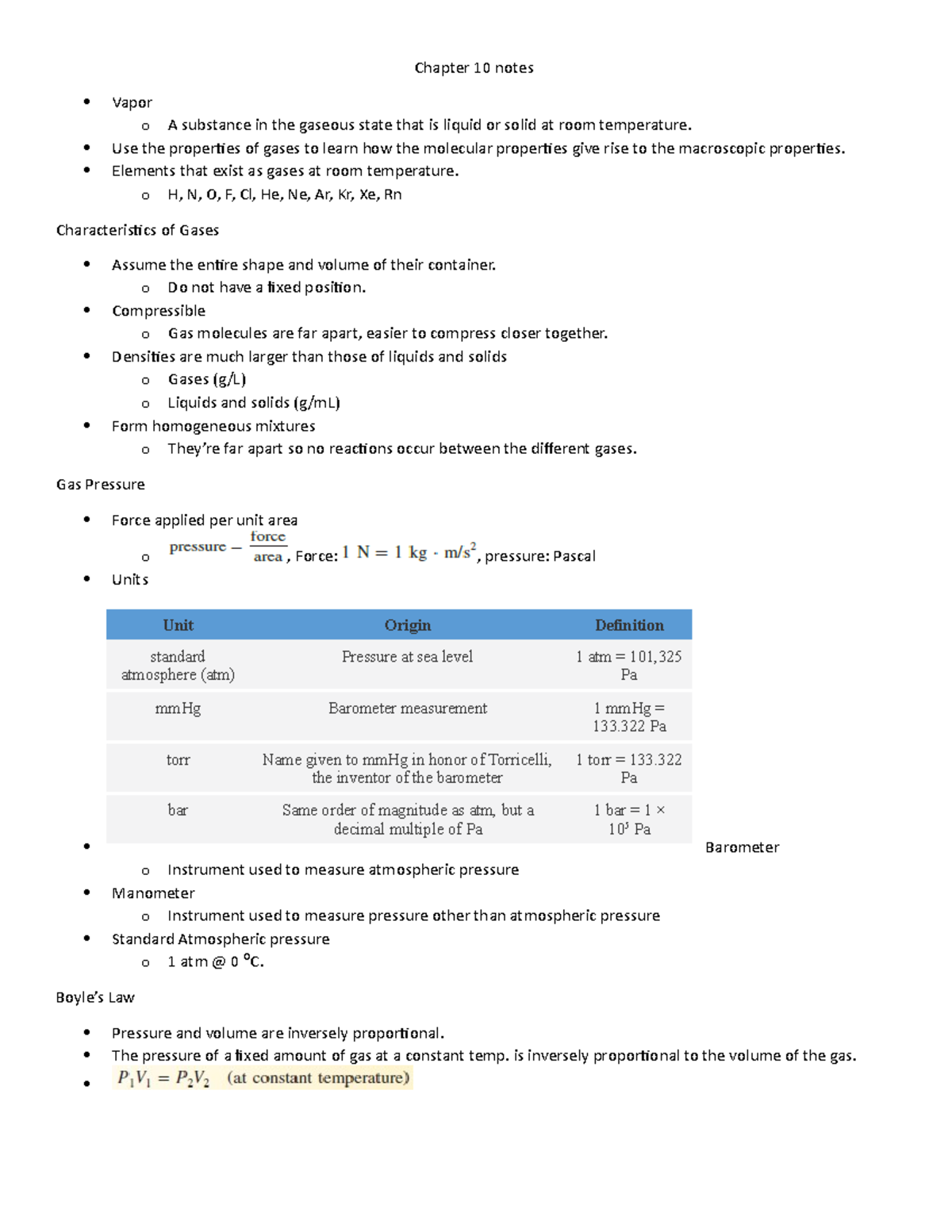 Chapter 10 notes - summary - Chapter 10 notes Vapor o A substance in ...