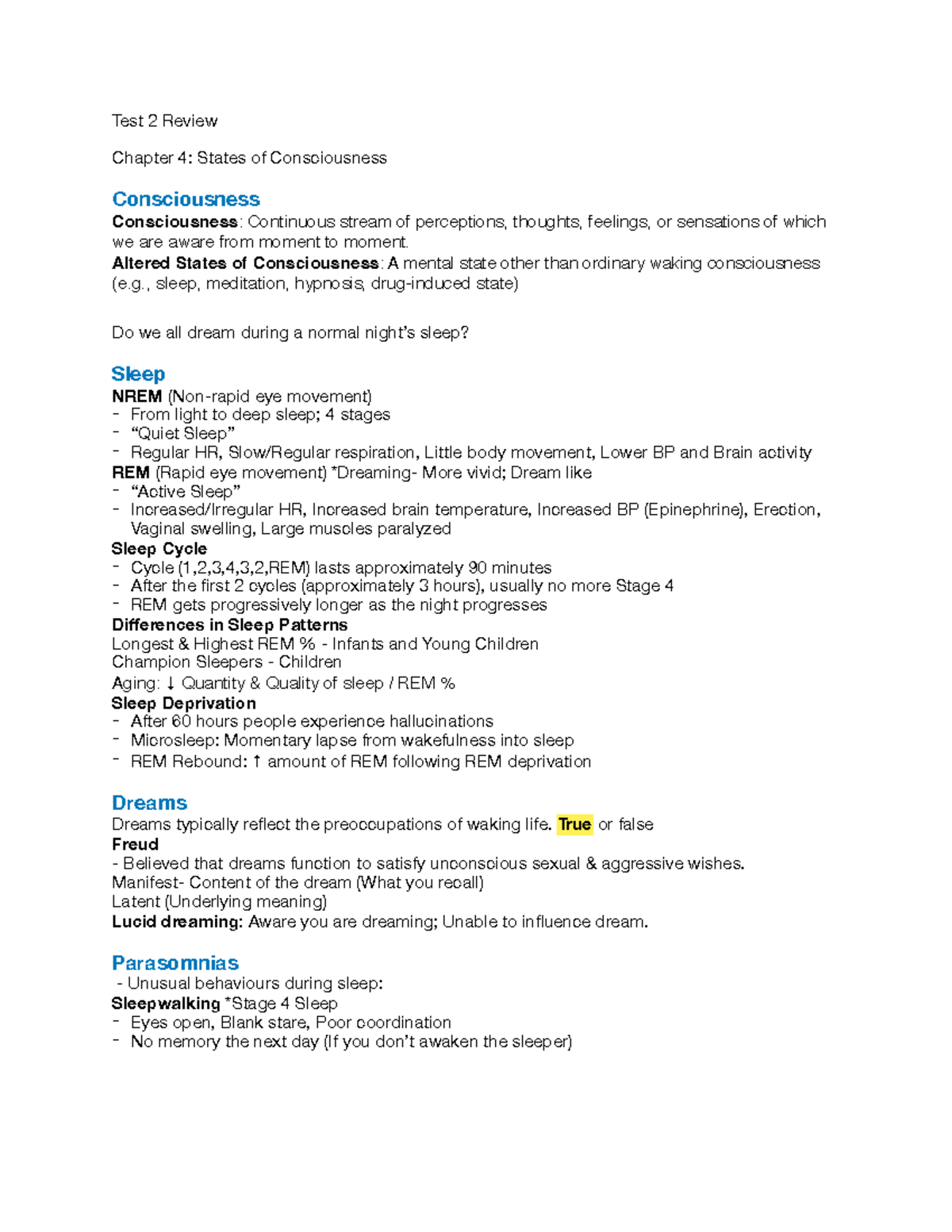 PSYC11000 Test Review 2 - Test 2 Review Chapter 4: States of ...