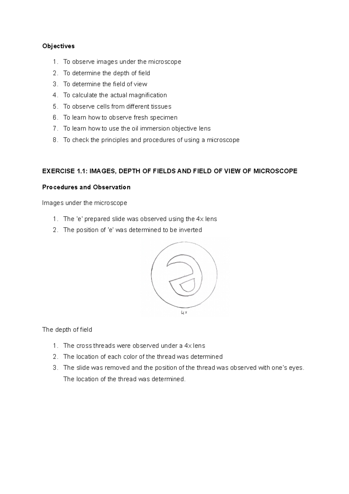Experiment 1: Microscopy - Objectives 1. To observe images under the ...