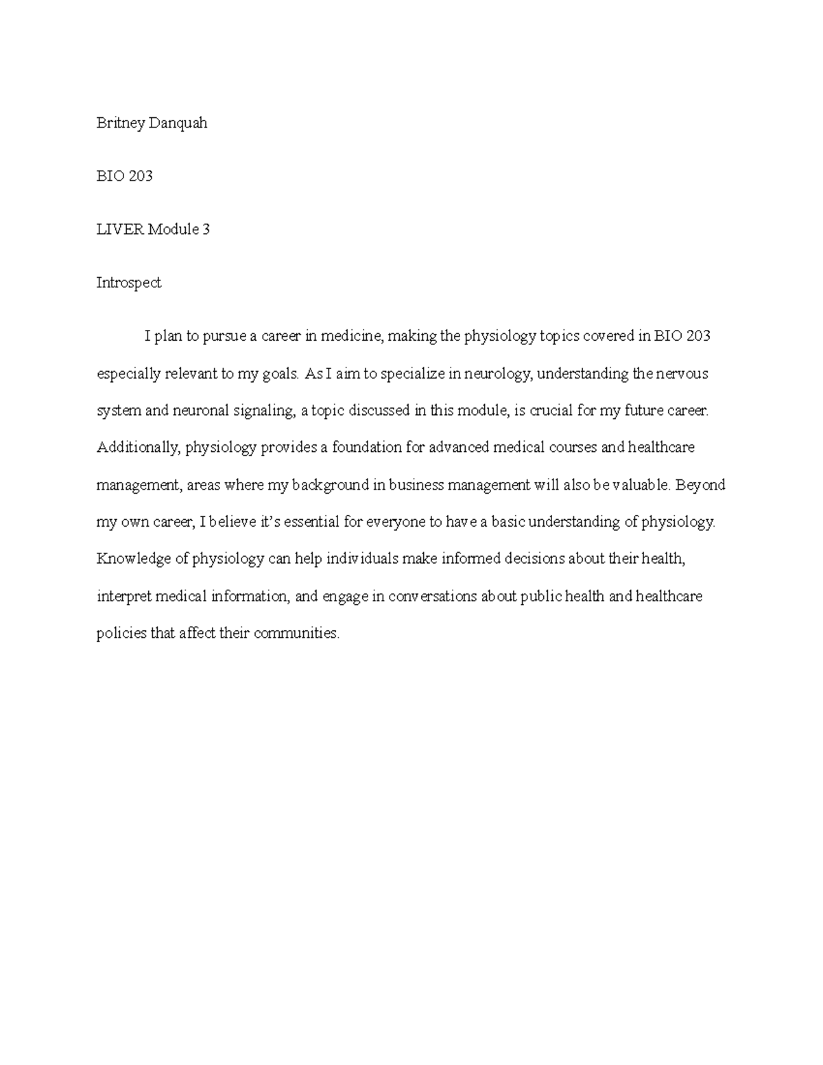 Introspect Module 3 - Britney Danquah BIO 203 LIVER Module 3 Introspect ...