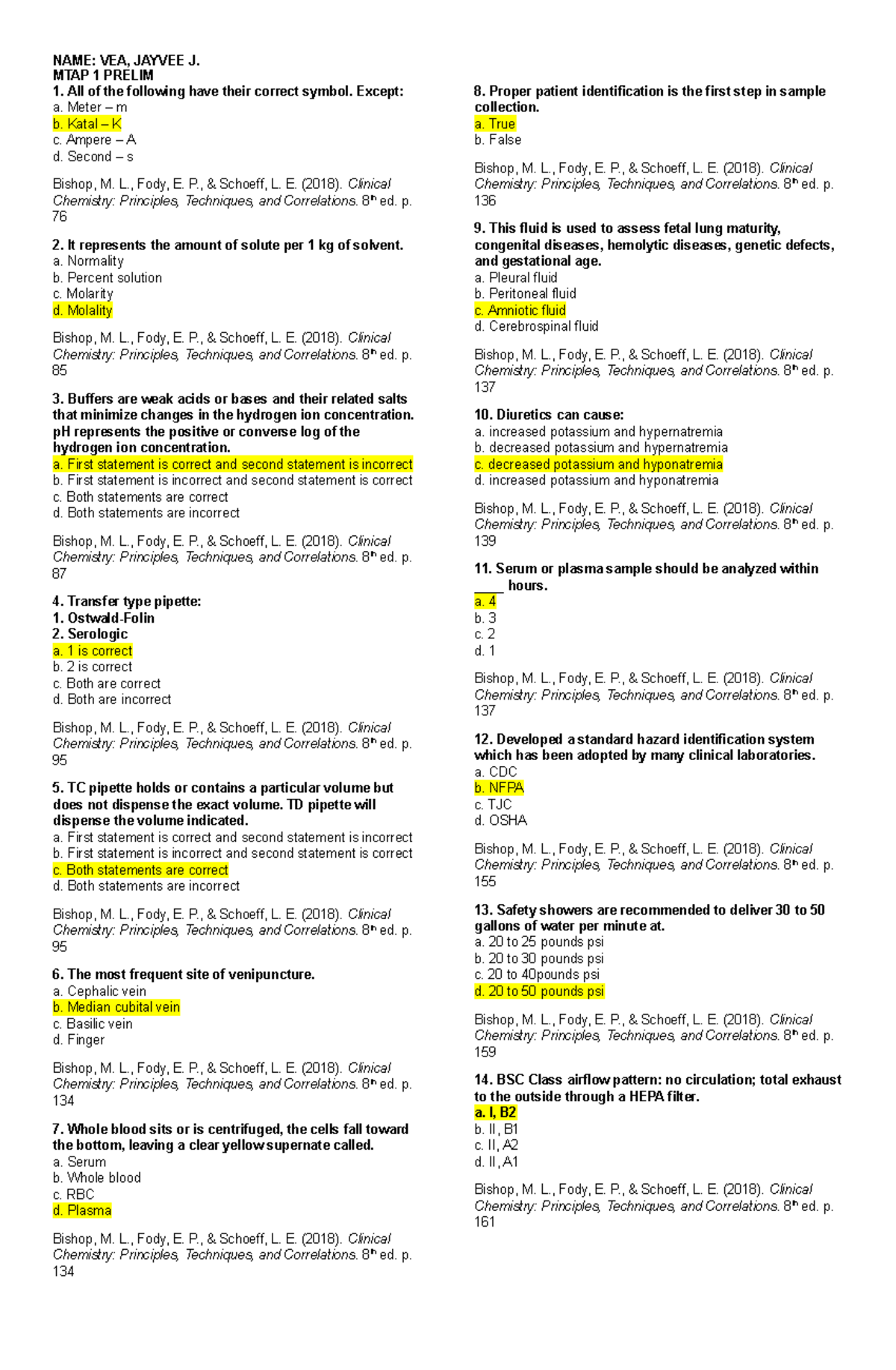 VEA Clinical Chemistry Questionnaires - MTAP 1 PRELIM 1. All of the ...