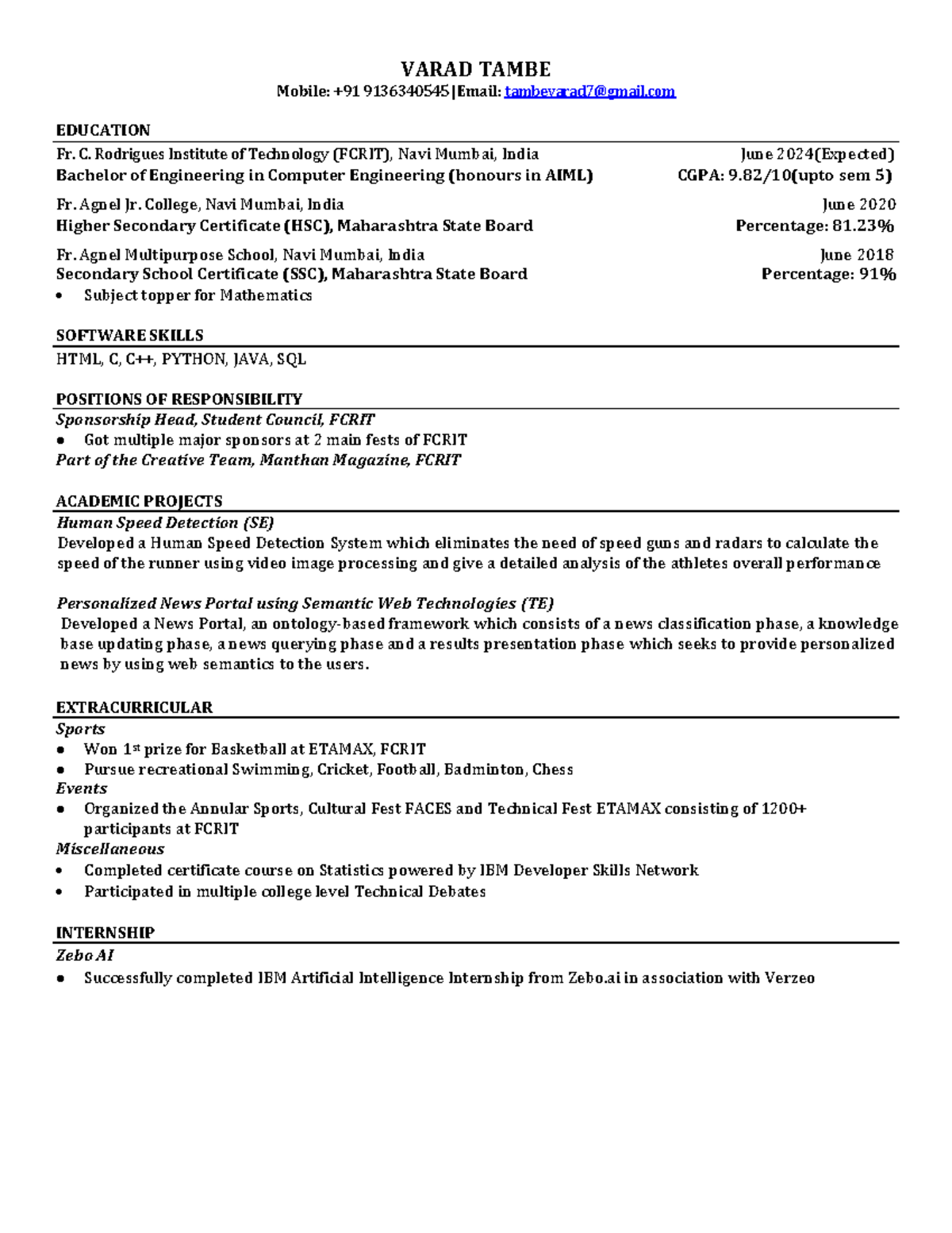 Varad resume - VARAD TAMBE Mobile: +91 9136340545 |Email: tambevarad7 ...