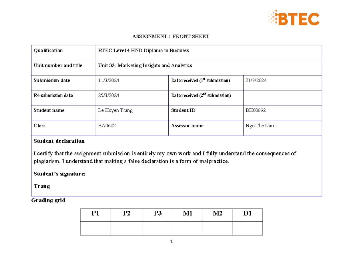 Trang LH BH00892 ASM1 MIA - ASSIGNMENT 1 FRONT SHEET Qualification BTEC ...