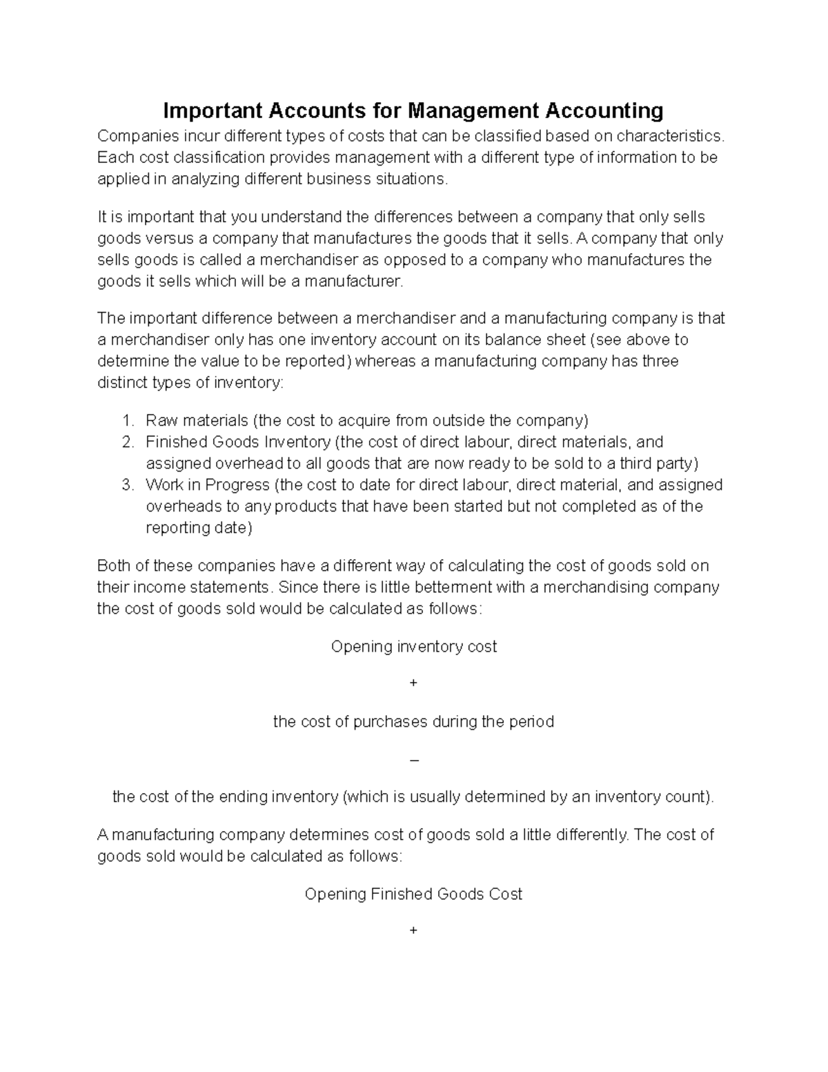 Important Accounts for Management Accounting - Important Accounts for ...