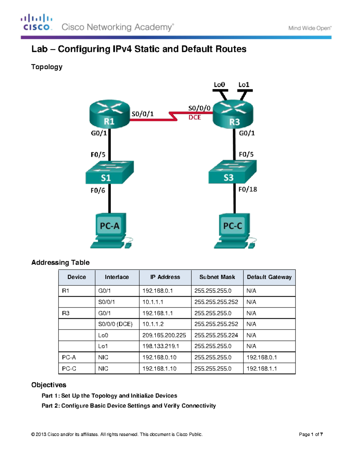 2.2.2.5 Lab - Configuring IPv4 Static and Default Routes - Topology ...