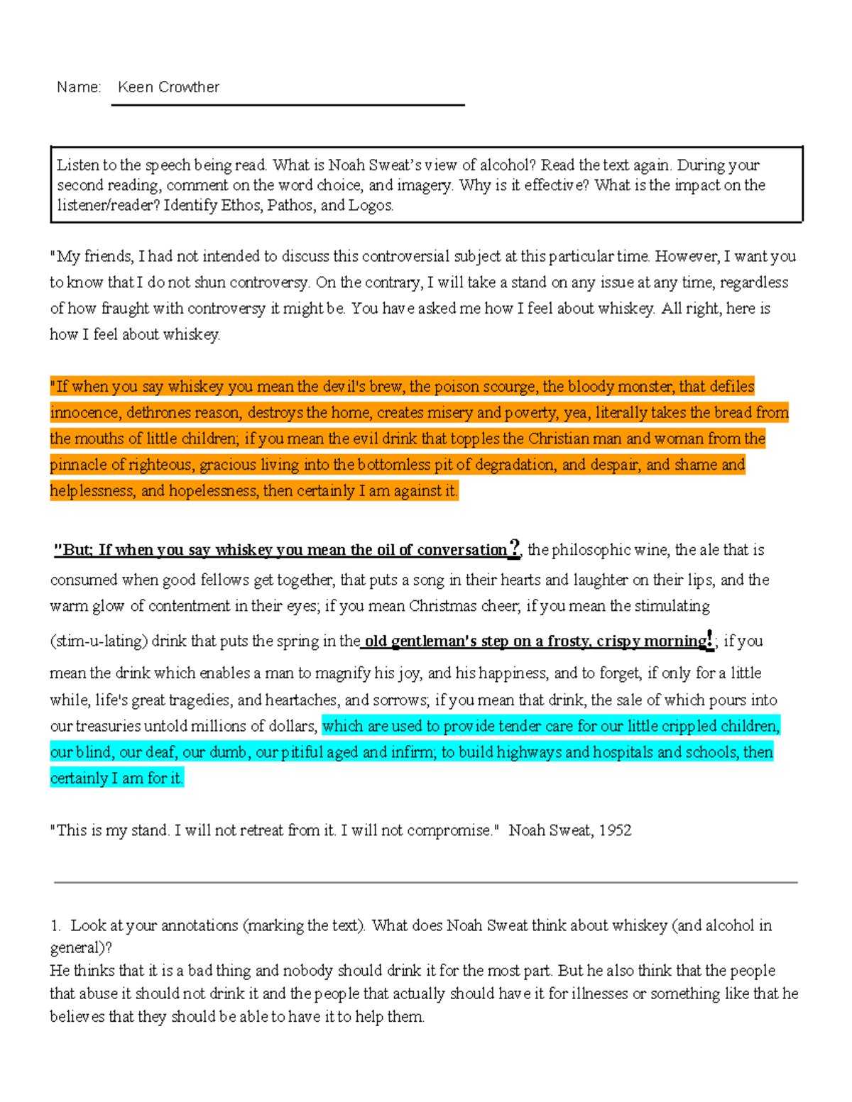 Copy of If by Whiskey speech - Name: Keen Crowther Listen to the speech ...