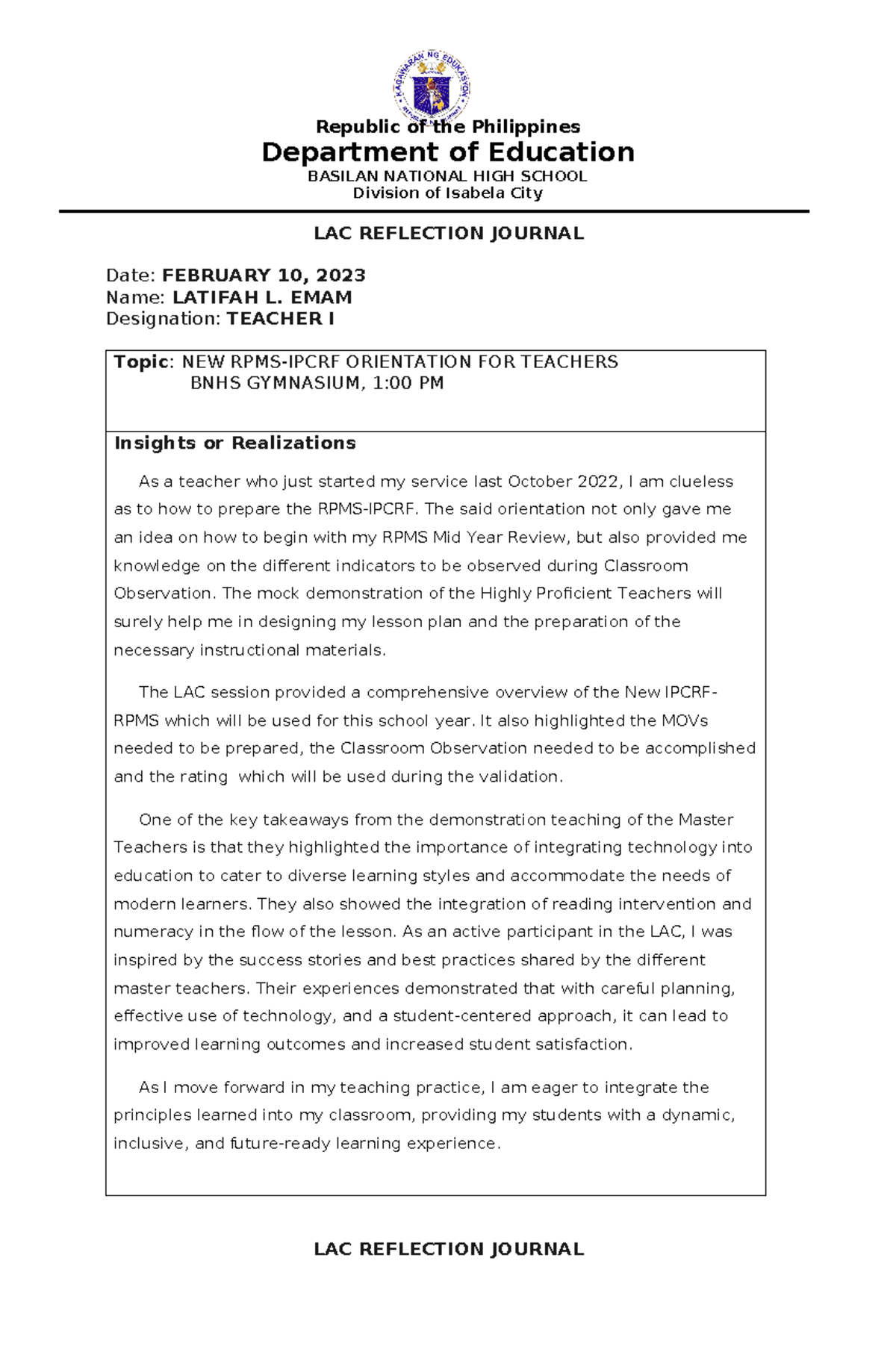 Reflection Journal - Republic of the Philippines Department of ...