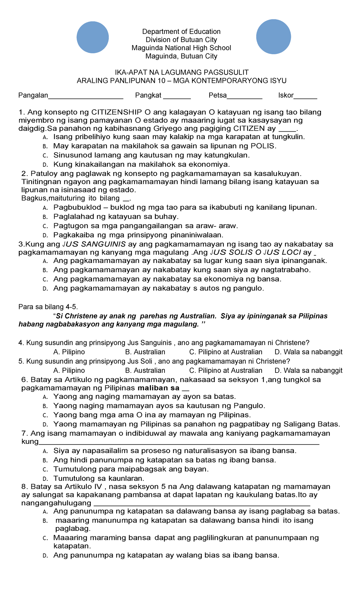 AP 10 4TH Quarter EXAM Final - Department of Education Division of ...