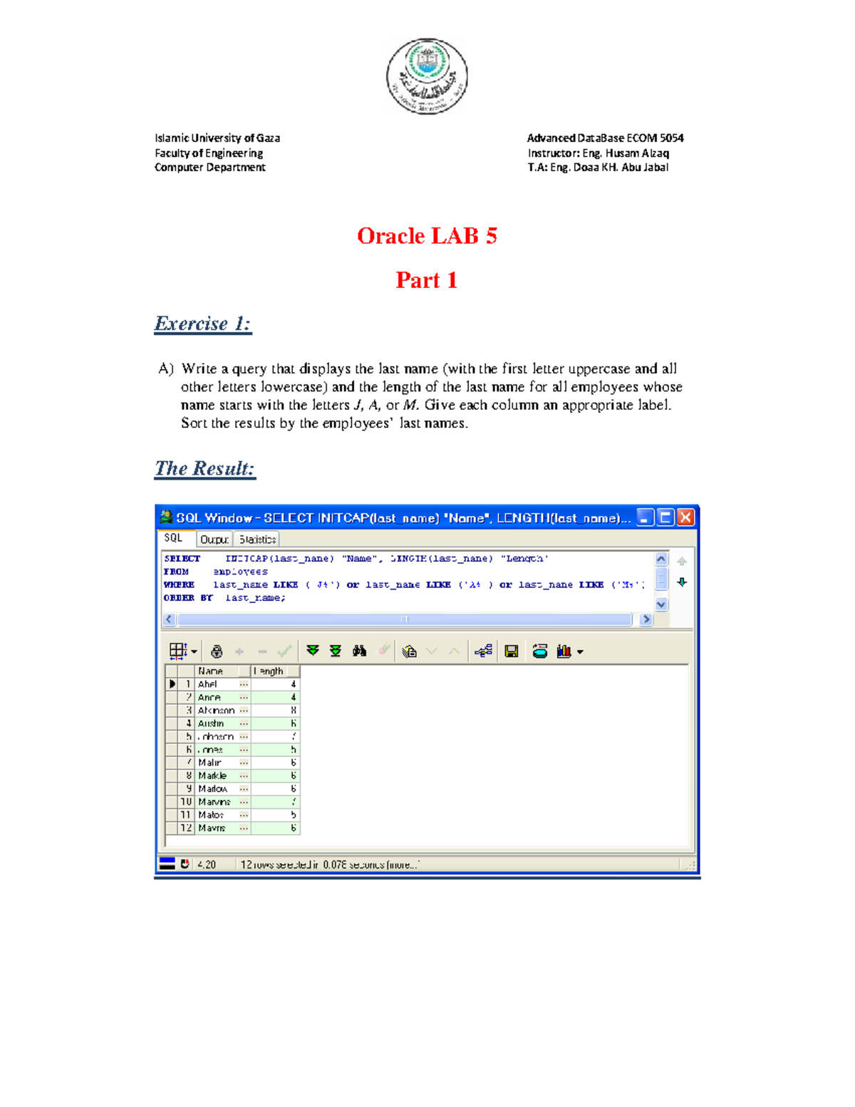 Oracle Lab 5 Part 1 Solution Faculty Of Engineering Instructor Eng