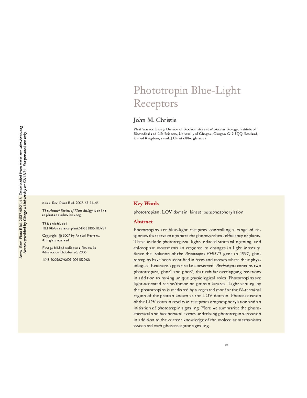 Christie 2007 phototropin blue light receptors - Phototropin Blue-Light ...