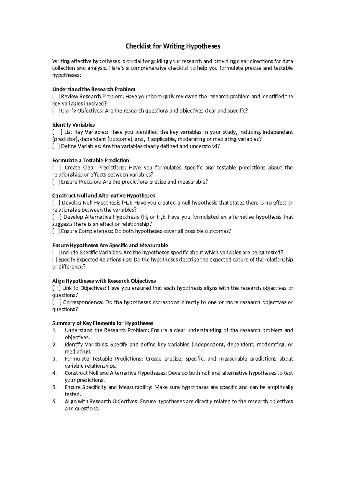 Checklist for Writing Hypotheses - Checklist for Writing Hypotheses ...