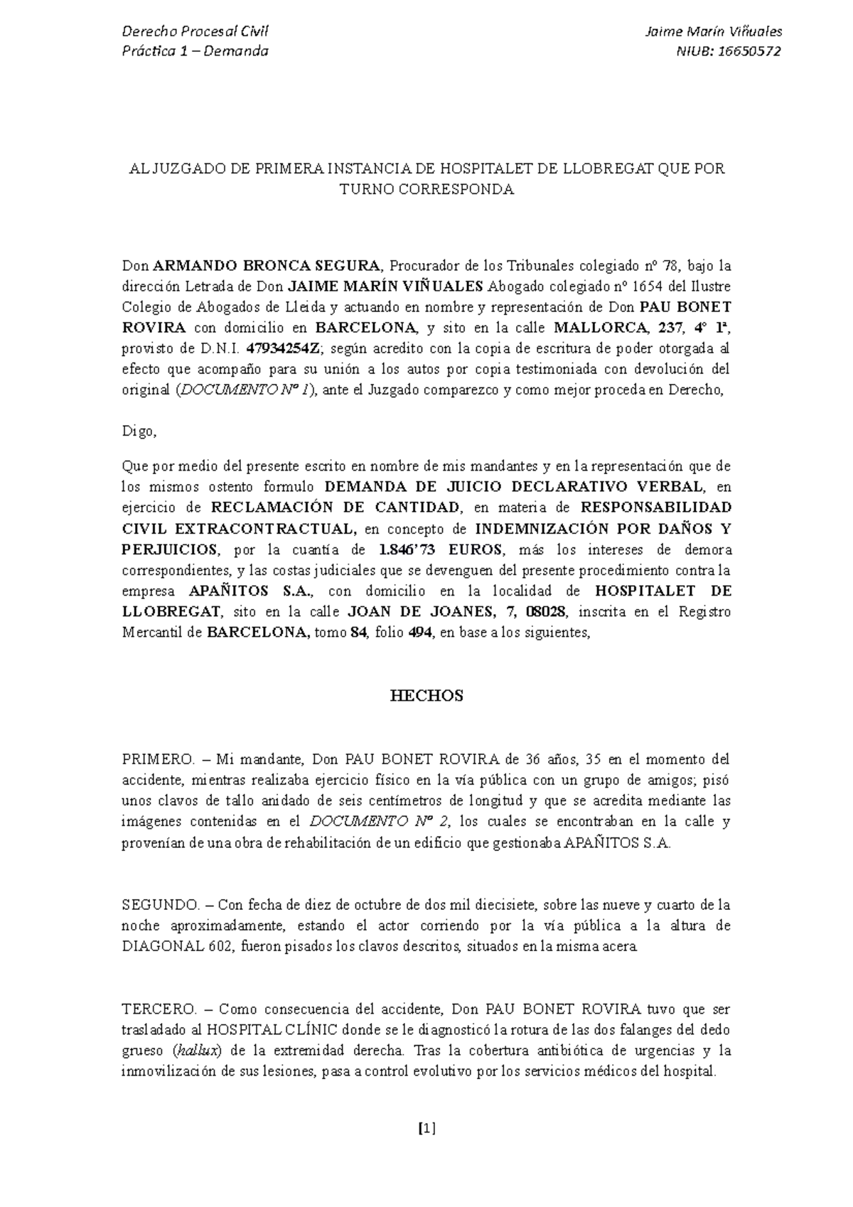 Demanda - Derecho Procesal Civil Práctica 1 – Demanda Jaime Marín ...