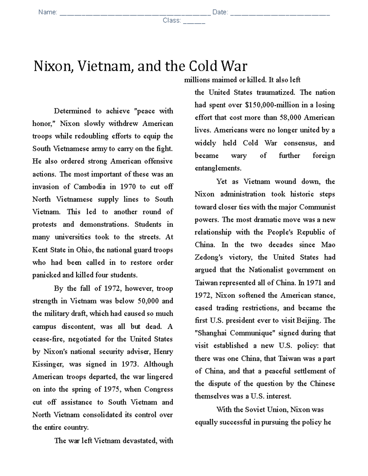 Nixon, vietnam, and Cold War - Name ...