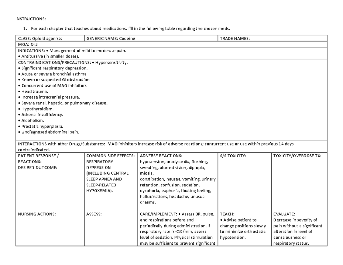 Med Card-Codeine - Med Card-Codeine - INSTRUCTIONS: For each chapter ...