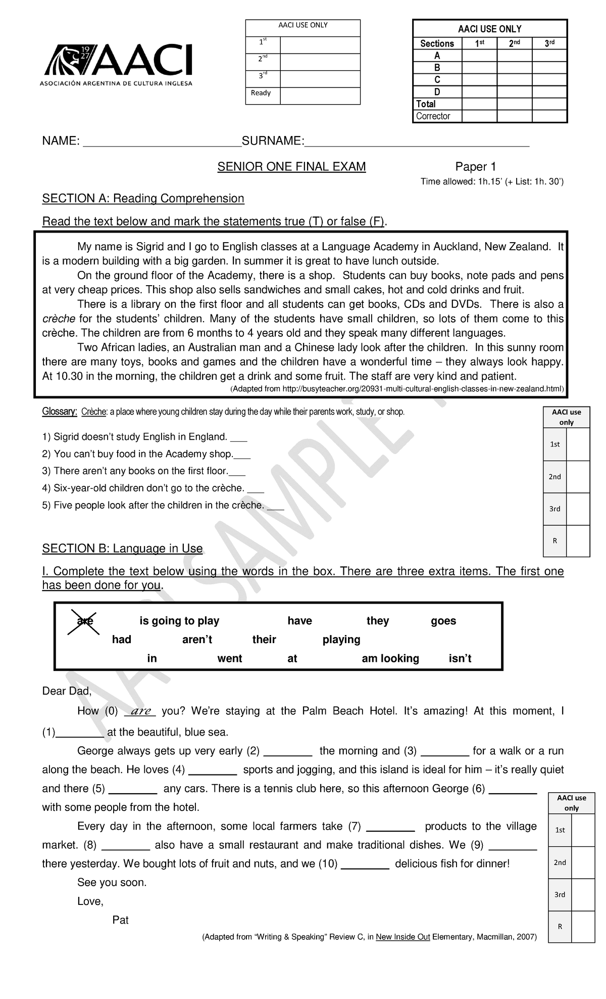 Senior 1 Paper 1 - AACI - AACI use only 1st 2nd 3rd R AACI use only 1st ...
