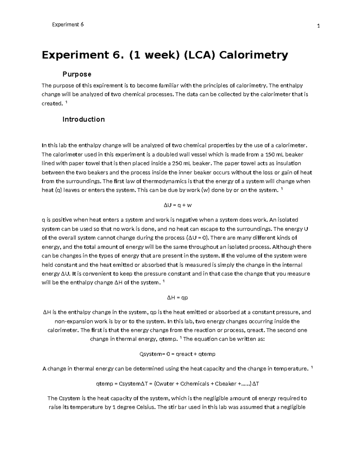 Calorimetry Lab - Experiment 6. (1 week) (LCA) Calorimetry Purpose The ...