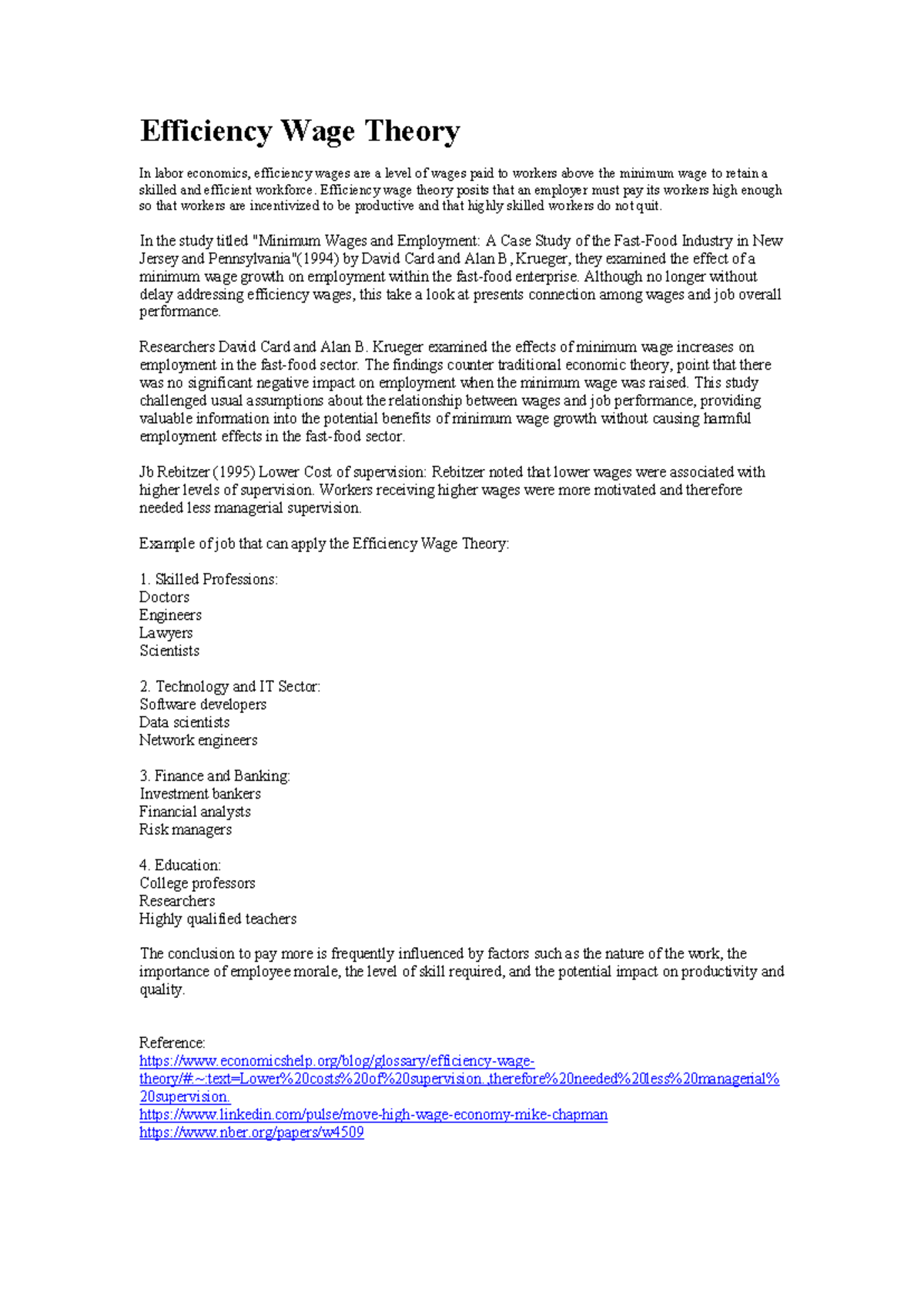 Efficiency Wage Theory - Efficiency wage theory posits that an employer must pay its workers ...