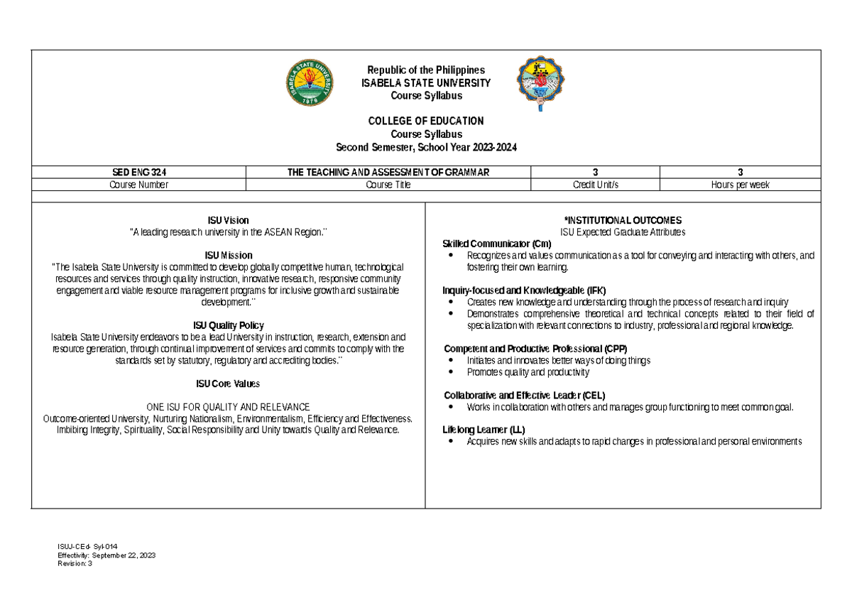 New Syllabus Assessment OF Grammar - Republic of the Philippines ISABELA STATE UNIVERSITY Course ...