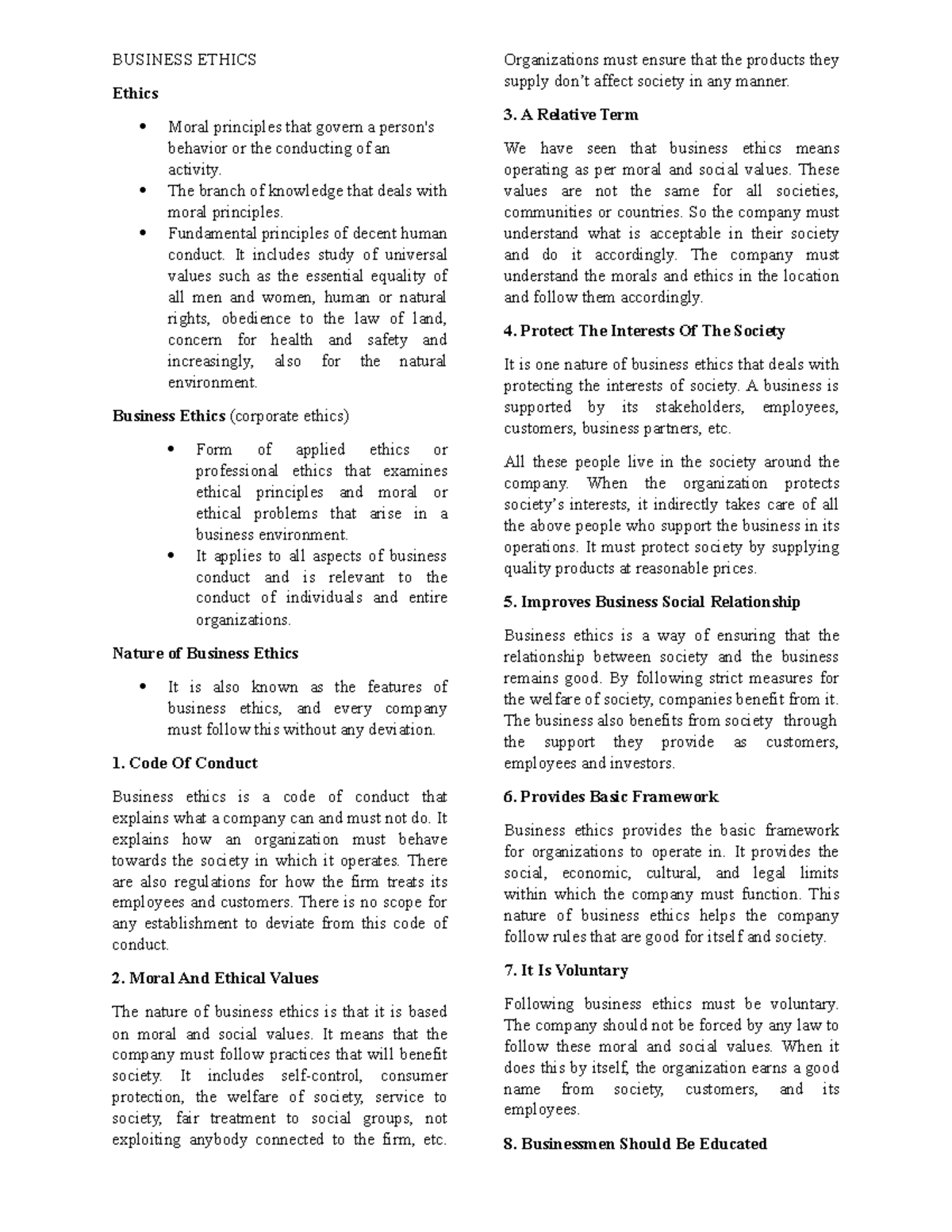 Business Ethics - notes - BUSINESS ETHICS Ethics Moral principles that ...