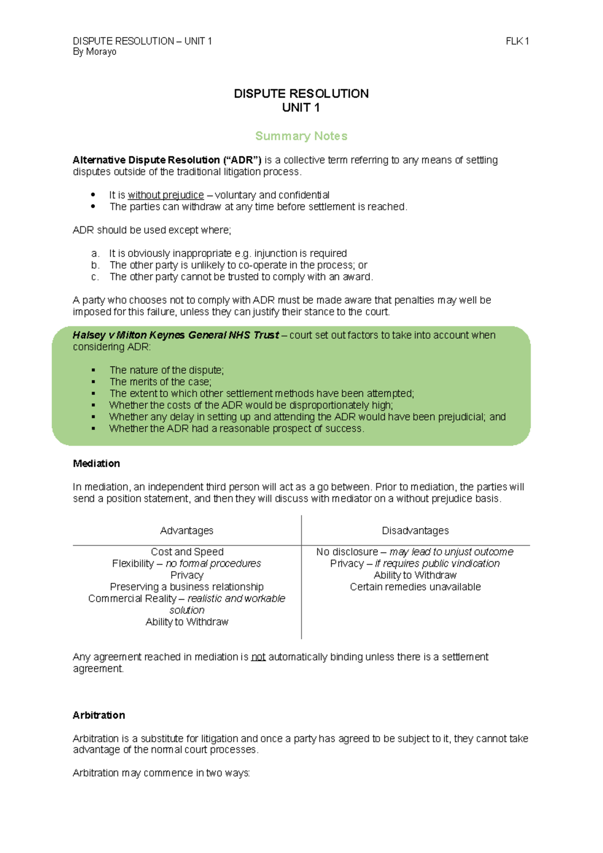 Dispute Resolution UNIT 1 Summary Notes - By Morayo DISPUTE RESOLUTION ...