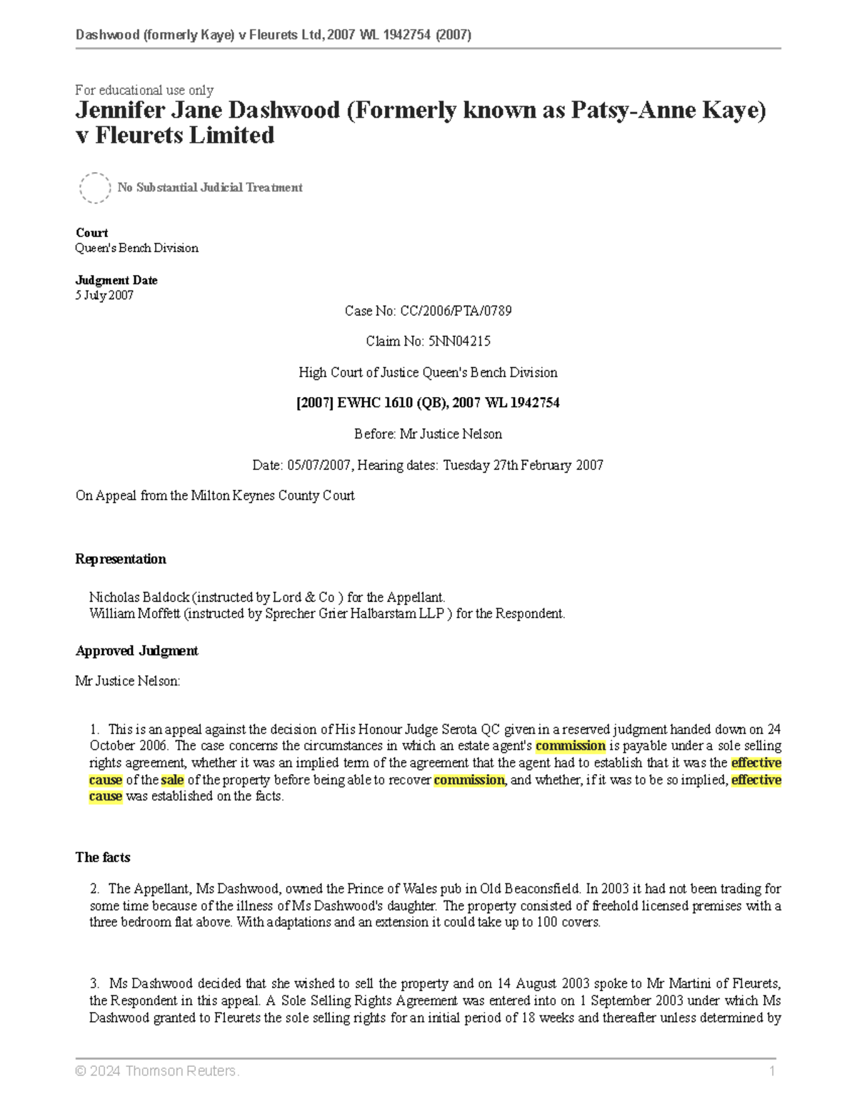 Dashwood (formerly Kaye) v Fleurets Ltd - For educational use only ...