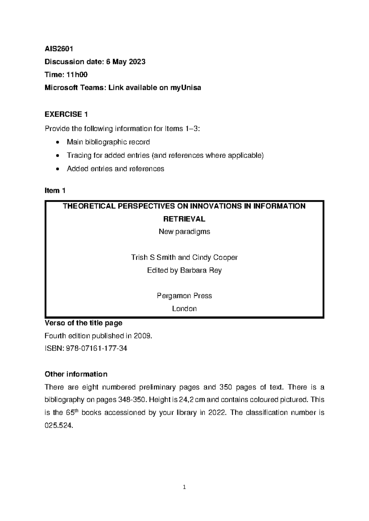 AIS2601 exercise - Bibliographic Control, Basic Descriptive Cataloguing ...