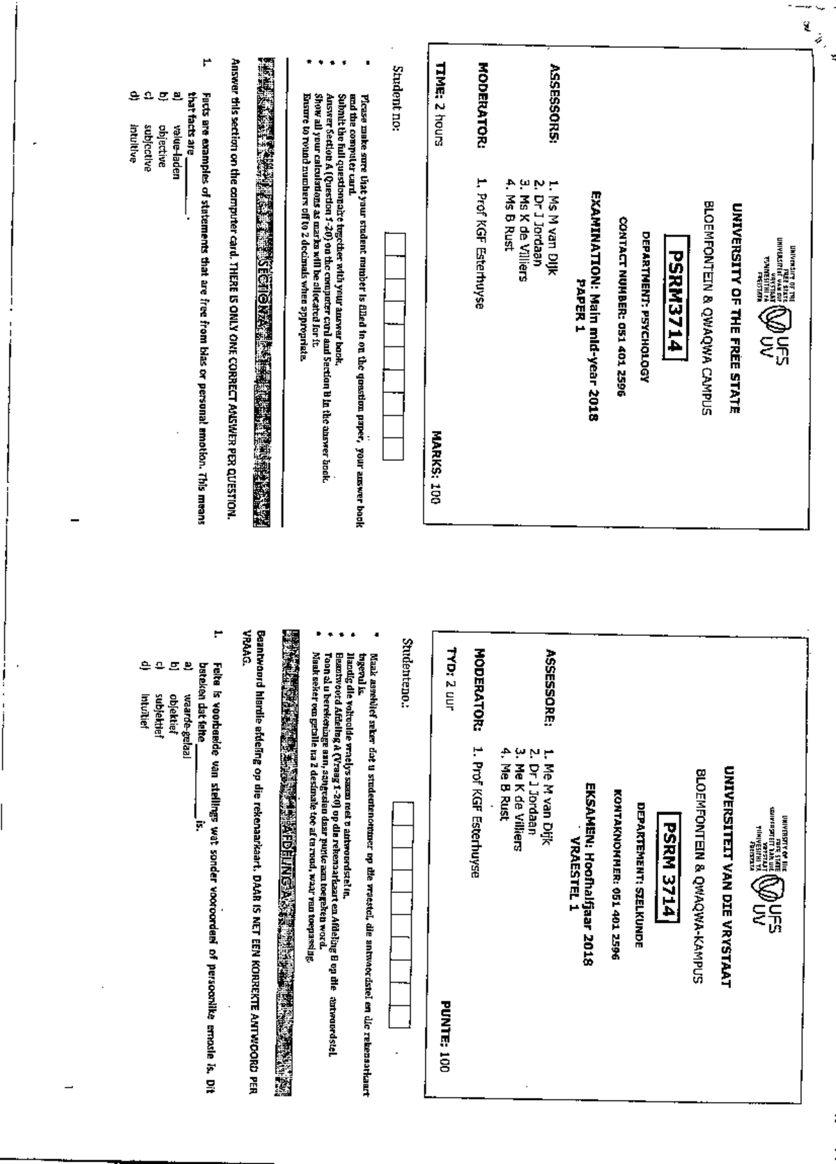 PSRM Past Question paper 2018 - UNIVERSITY OF THE UNIVERSITY OF THE ...