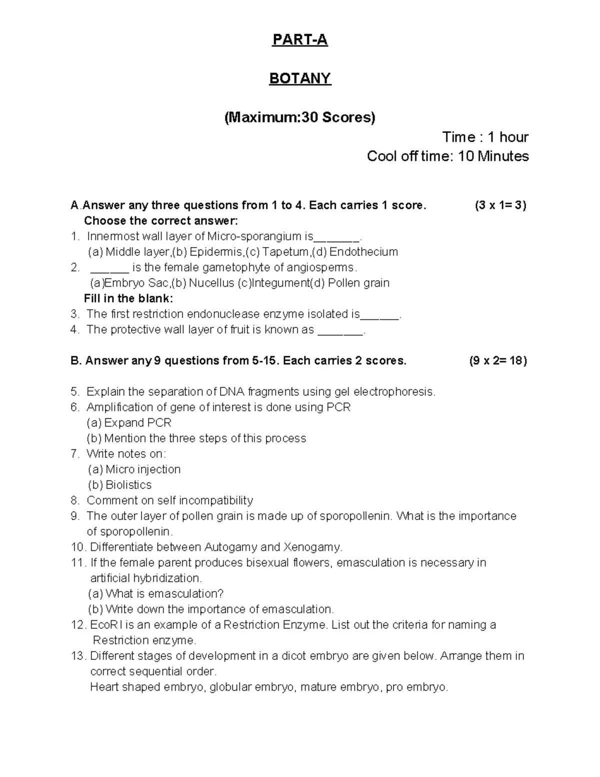 Botany Question paper - nil - PART-A BOTANY (Maximum:30 Scores) Time ...