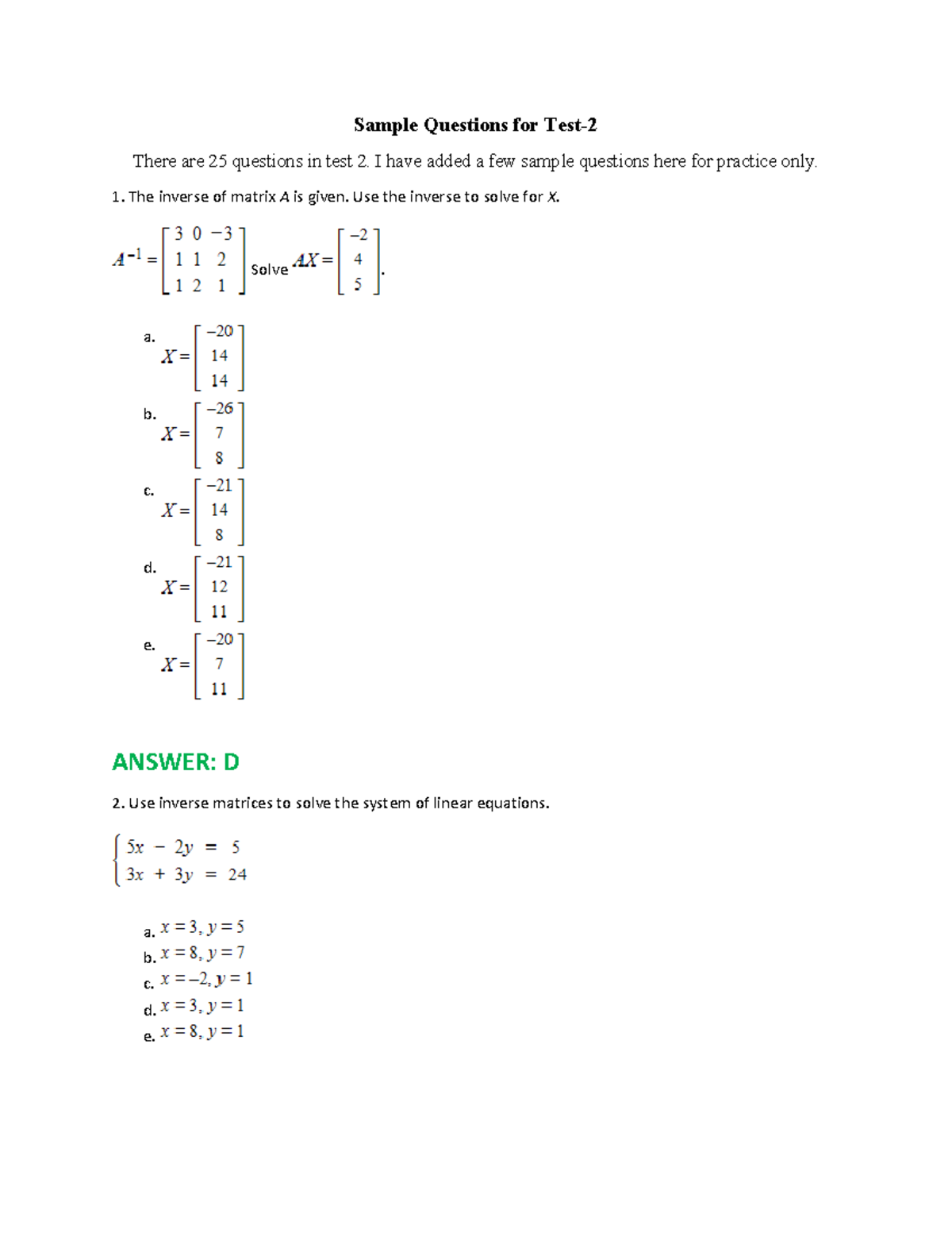 Sample Test-2F22 - work - Sample Questions for Test- There are 25 ...