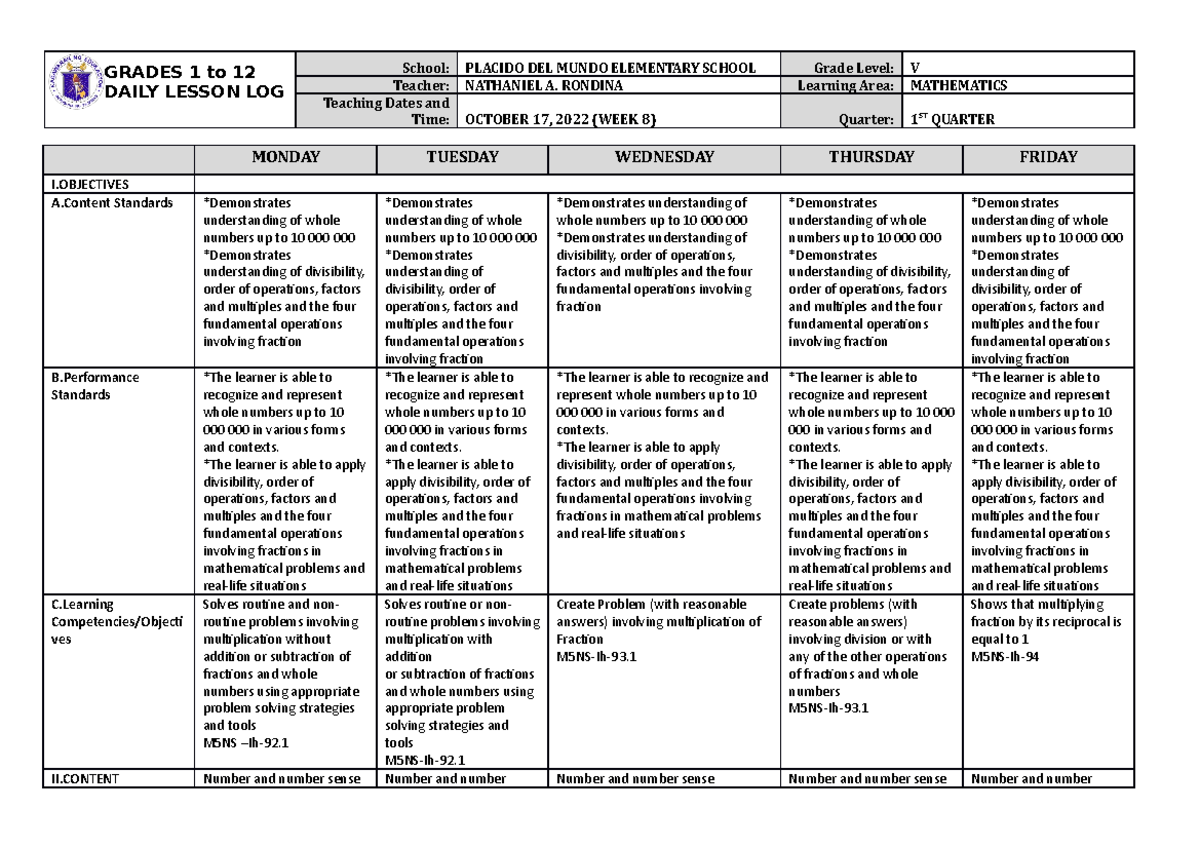 Math-DLL Week 8 1st Q - NONE - GRADES 1 to 12 DAILY LESSON LOG School ...