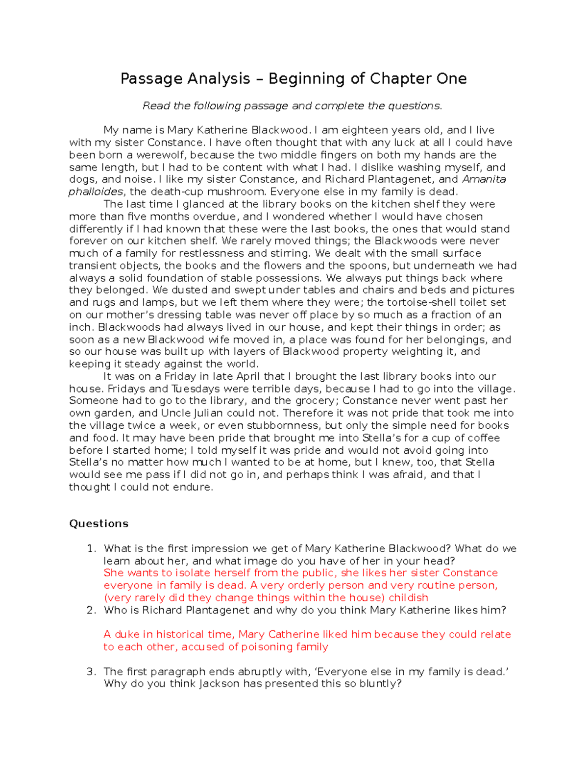 Passage Analysis - Chapter One Beginning - Passage Analysis – Beginning ...