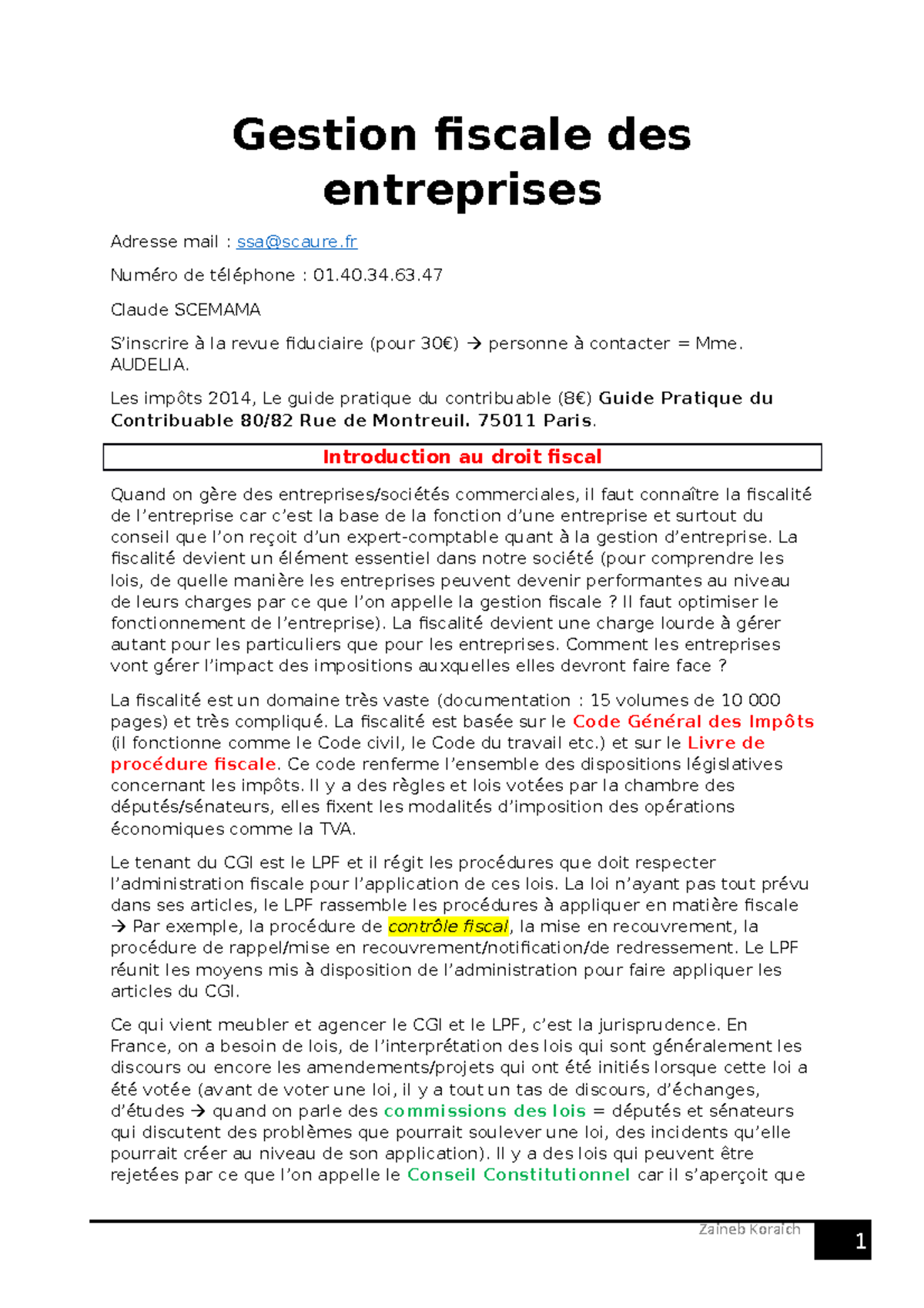 Gestion fiscale des entreprises - Cours - Gestion fiscale des ...