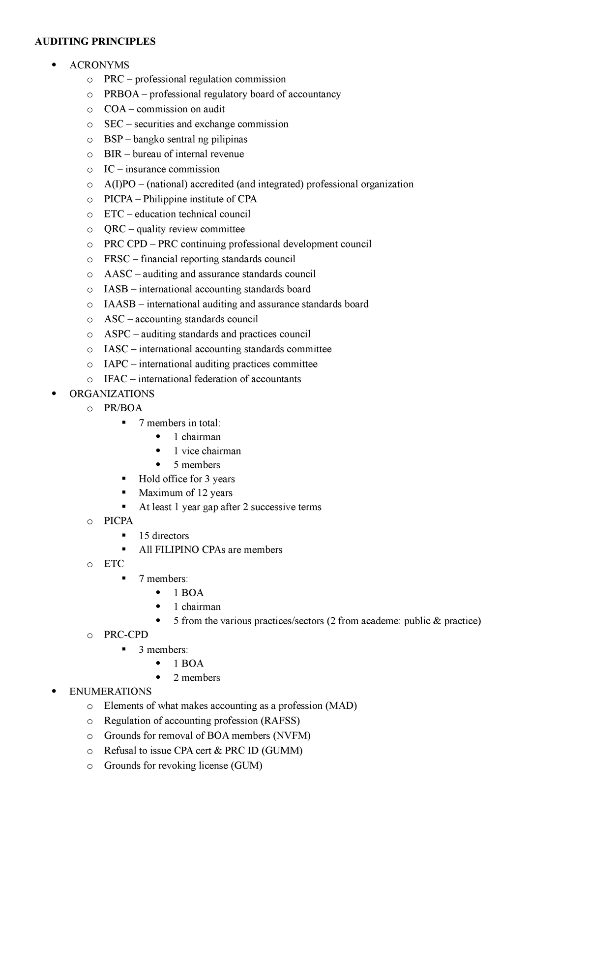 Auditing Principles on RA 9298 - AUDITING PRINCIPLES ACRONYMS o PRC ...