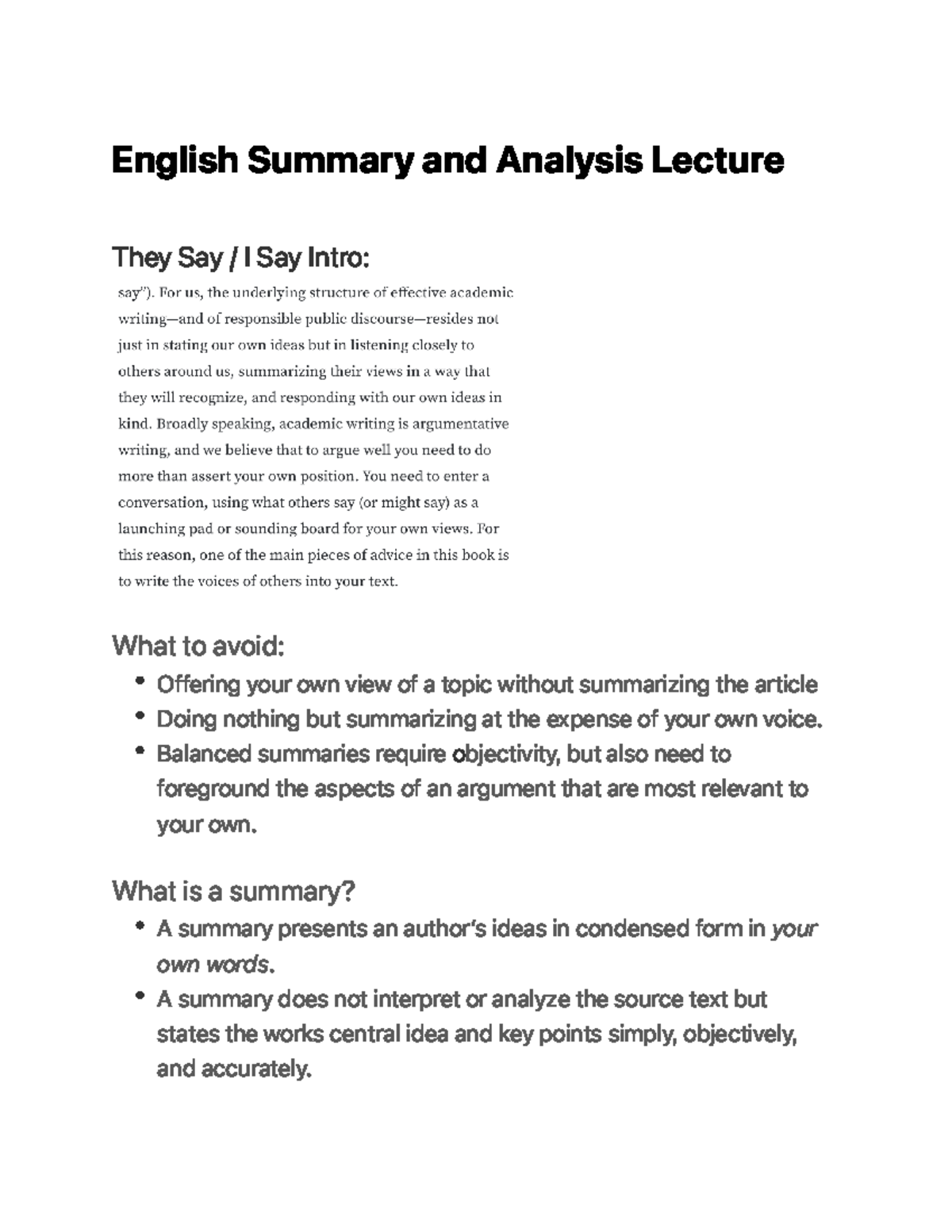 English Summary and Analysis Lecture - Balanced summaries require ...