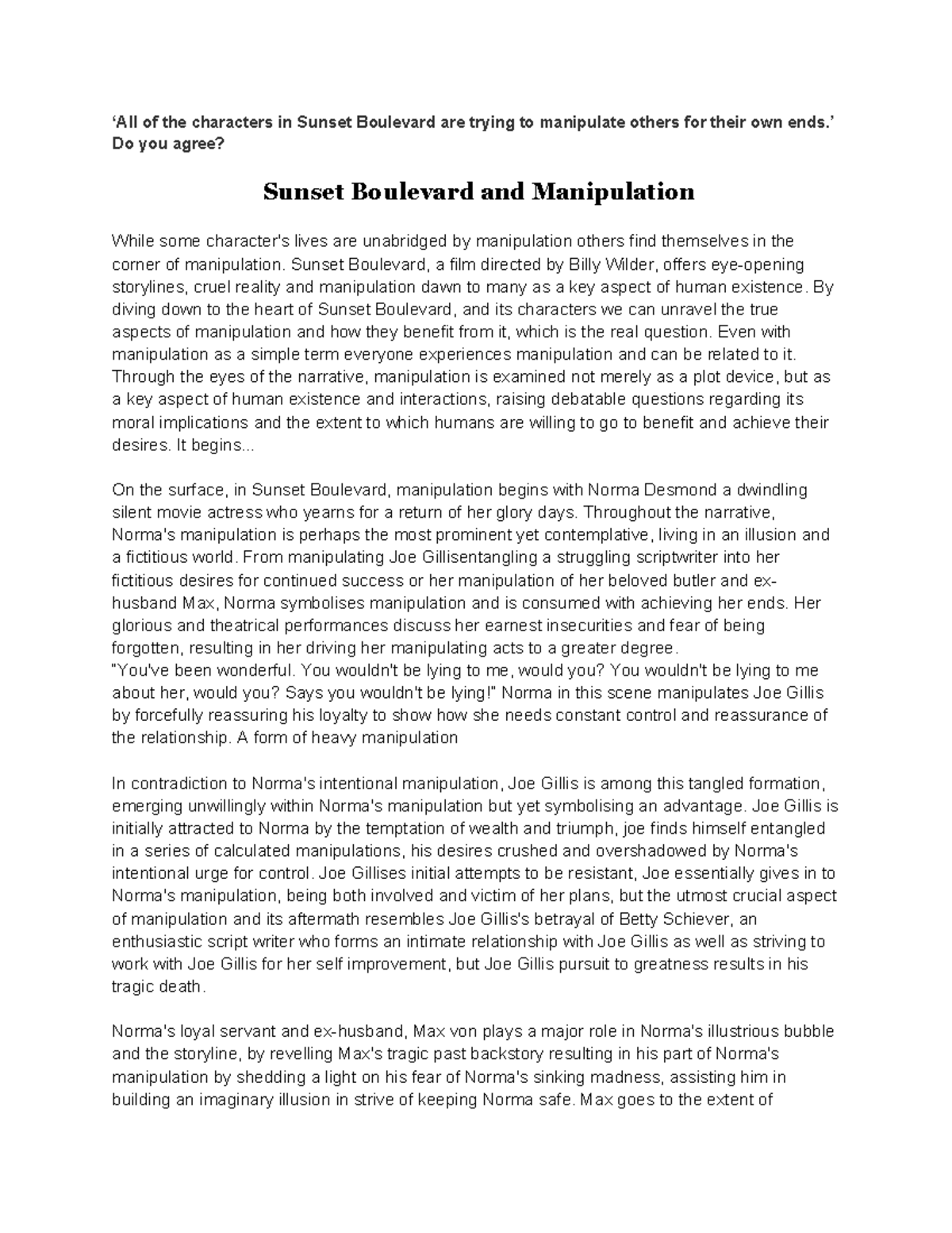 English Sac writing task - ‘All of the characters in Sunset Boulevard ...