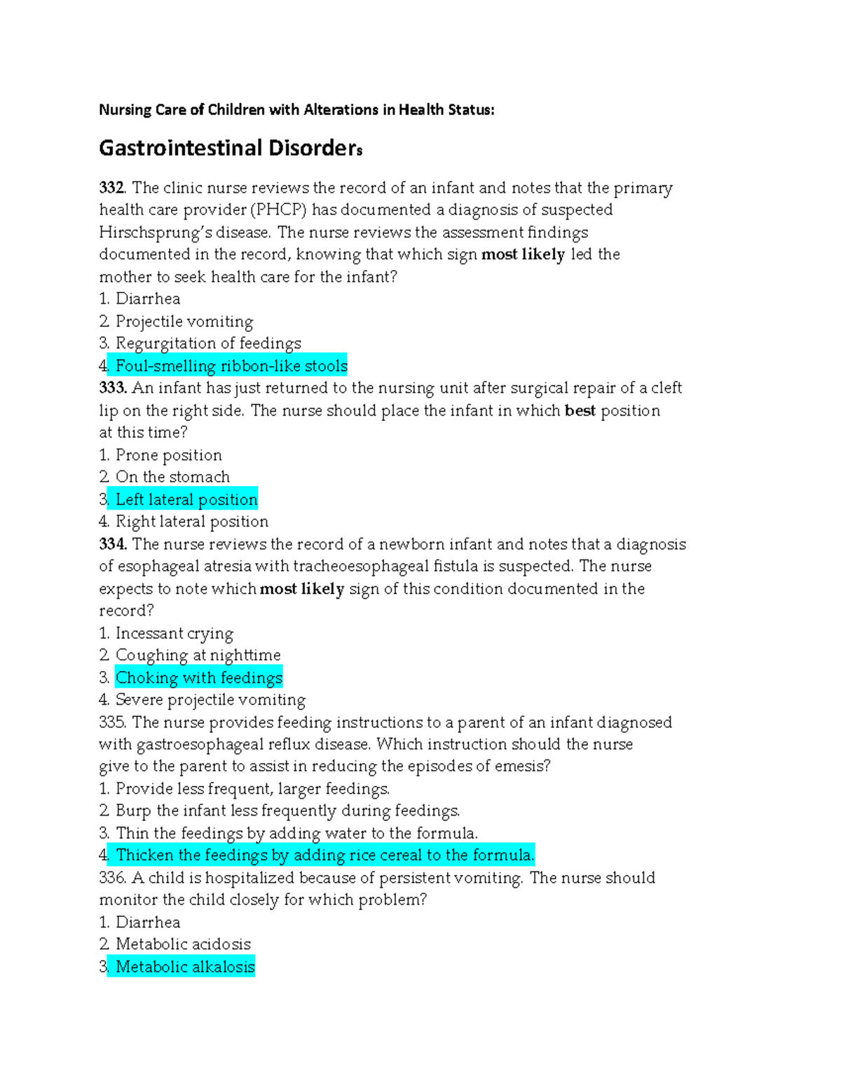 Maternal and Child Disease Abnormalities Test Bank - Nursing Care of ...